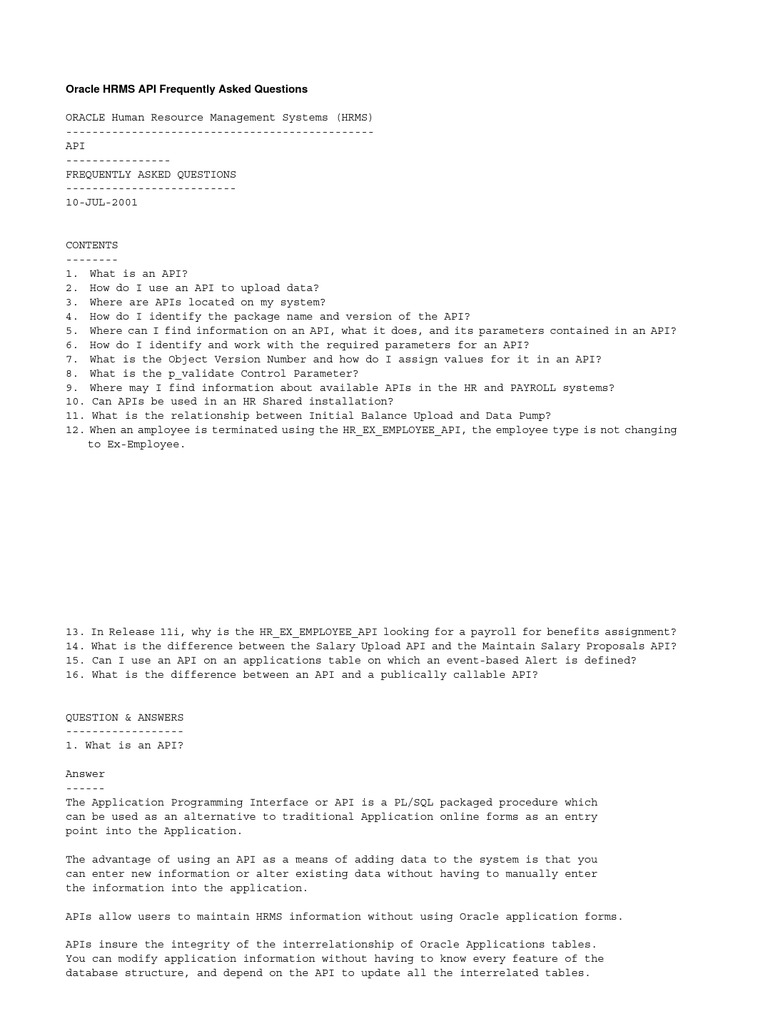 Oracle Hrms Api Frequently Asked Questions Pdf Parameter Computer Programming