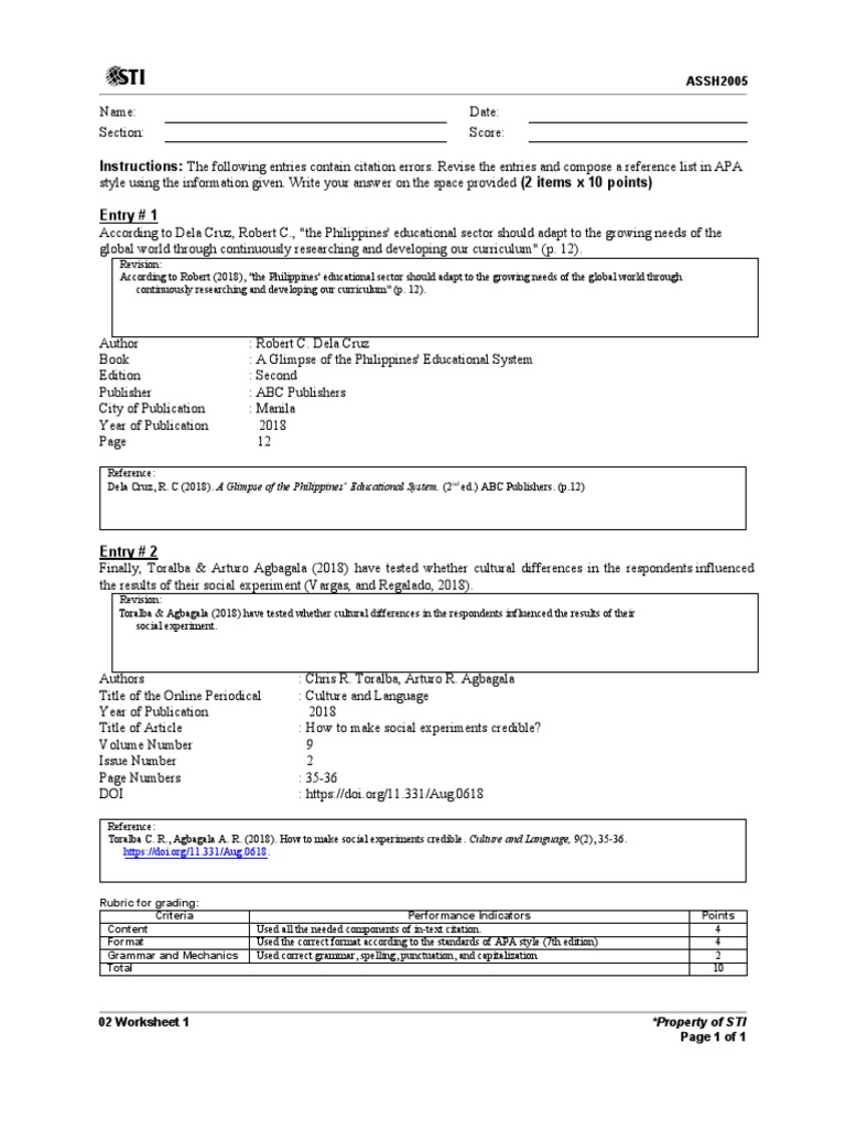 Instructions: The Following Entries Contain Citation Errors. Revise The ...