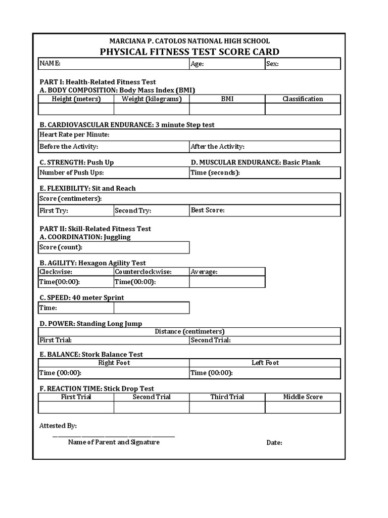 Physical Fitness Test Score Card | PDF