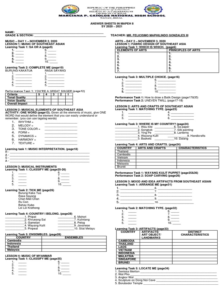 Answer Sheets in Mapeh 8 | PDF | Adolescence | Learning