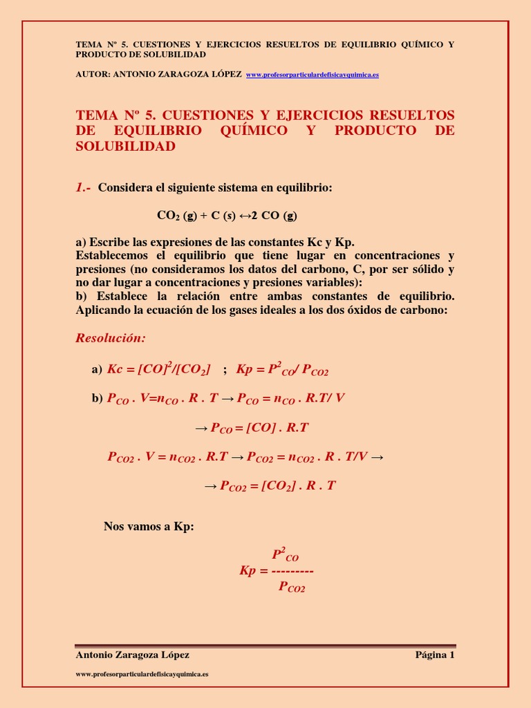 Tema5 Cuestiones y Ejercicios Resuelto de Equilibrio Quimico y Productos de Solubilidad | PDF ...