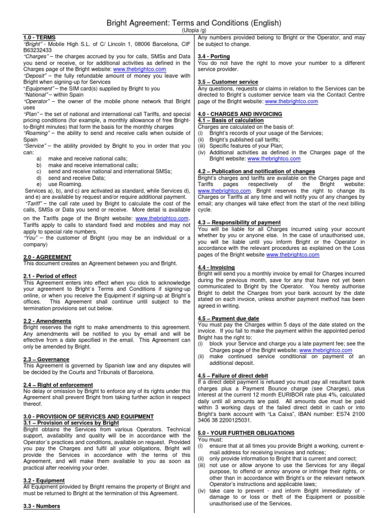 Bright Agreement Utopia - EN G | PDF | Roaming | Invoice