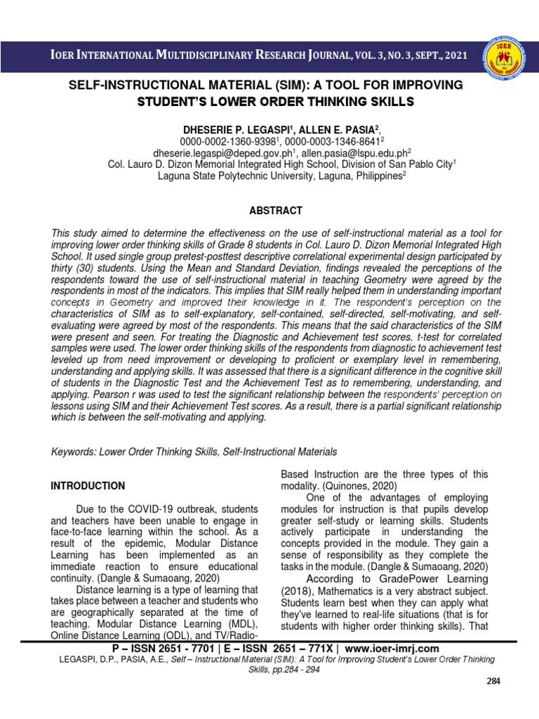 Self - Instructional Material (SIM) A Tool For Improving Student's ...