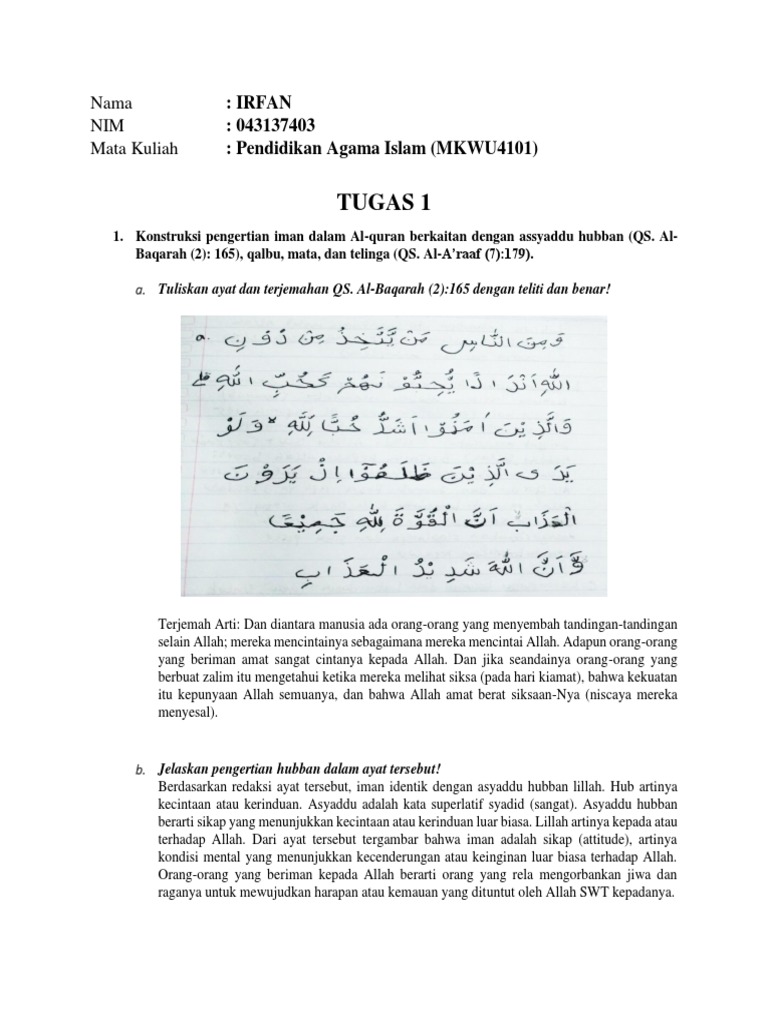 Tugas 1 Pendidikan Agama Islam MKWU4101 IRFAN 043137403 | PDF