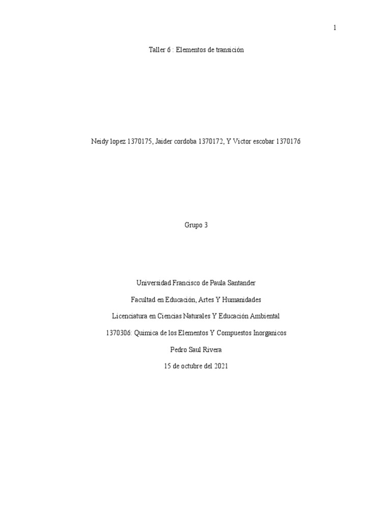 Taller 6 L elementos de transición | PDF | Metales de transición ...
