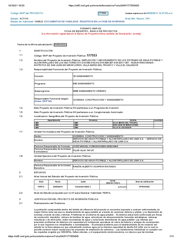 Ficha Snip Rinconada | PDF | Lima | Precios