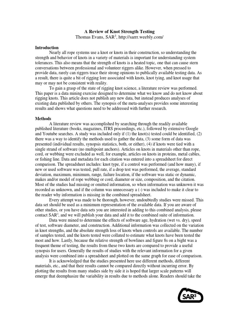 Thomas Evans, SAR ,: A Review of Knot Strength Testing | PDF | Knot | Rope