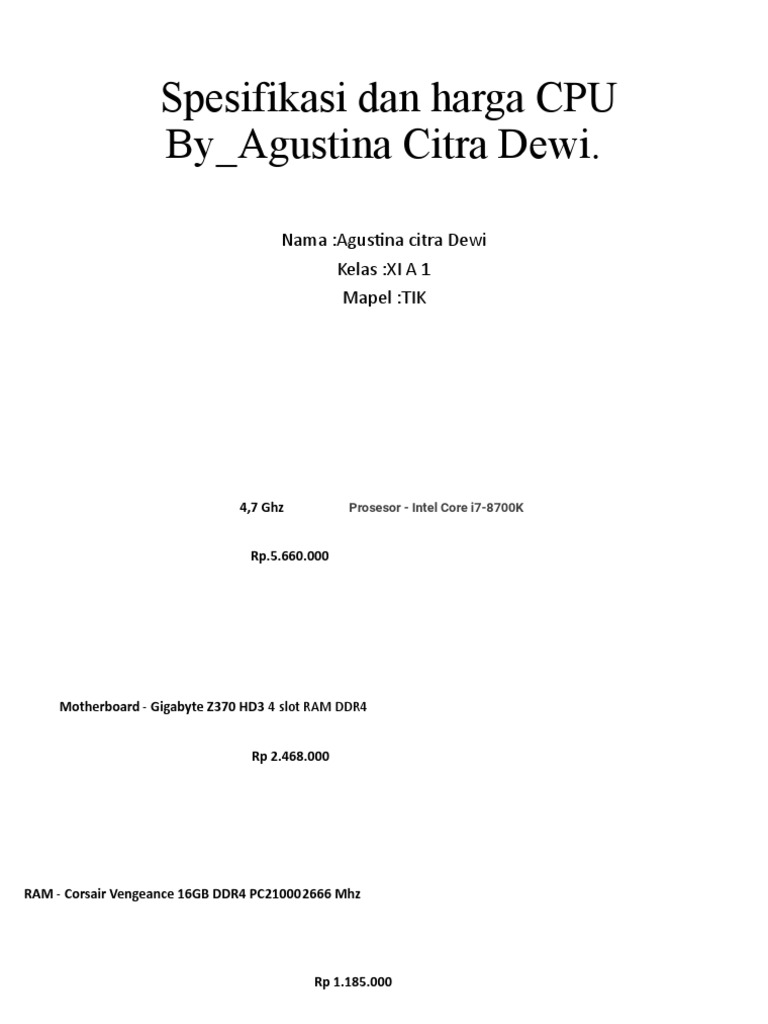 Spesifikasi Dan Harga CPU by - Agustina Citra Dewi | PDF