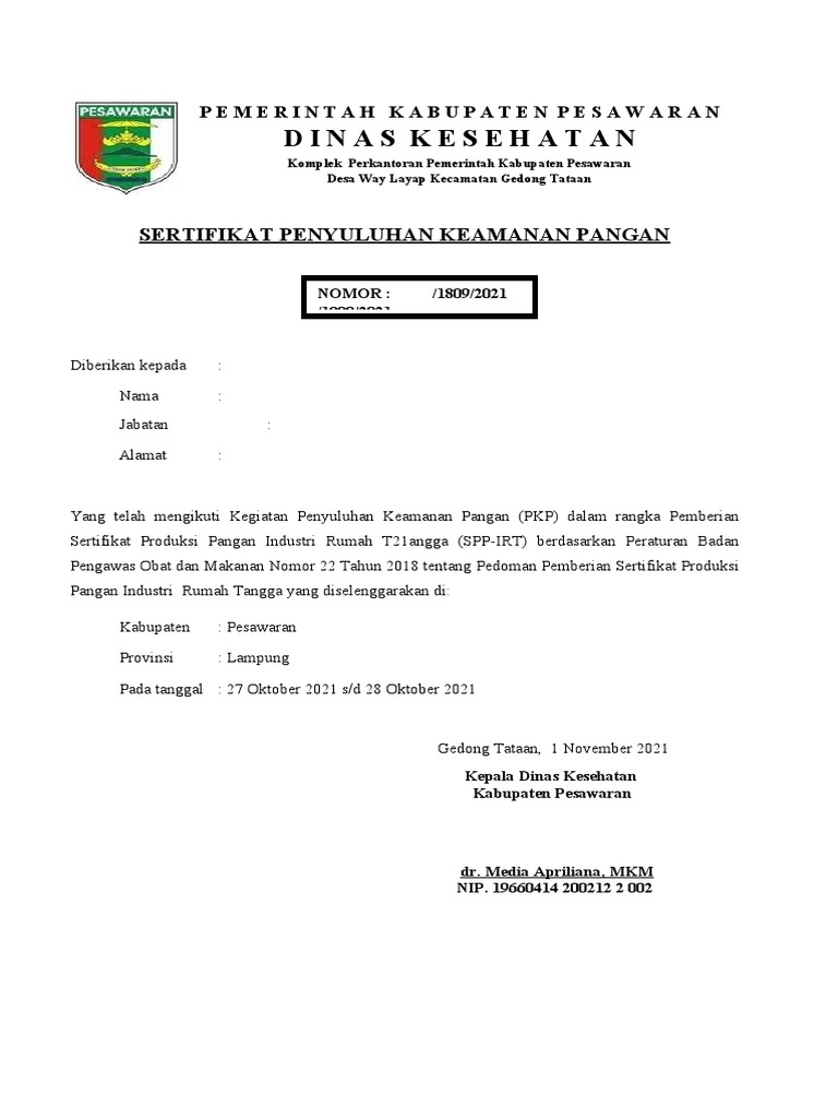 Form Sertifikat PKP Contoh | PDF