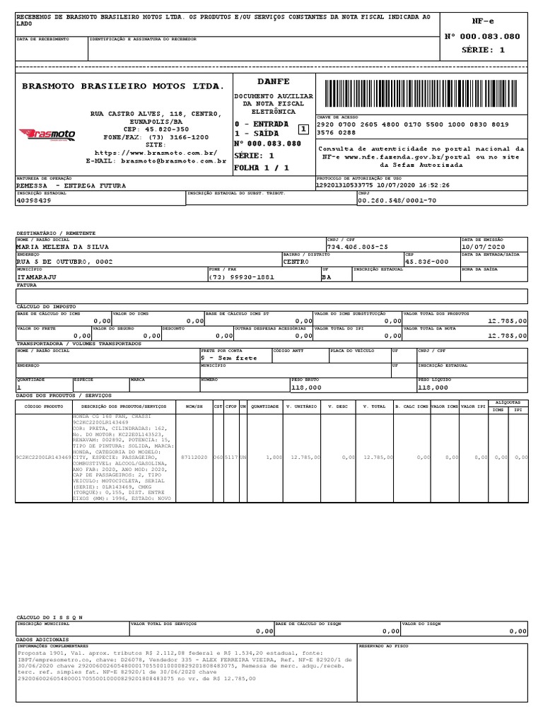 Nota fiscal eletrônica de remessa de uma motocicleta Honda CG 160 para ...