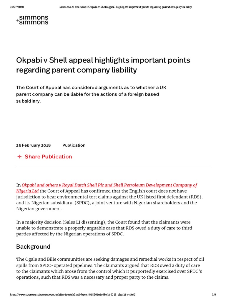 Okpabi V Shell Appeal Highlights Important Points Regarding Parent ...