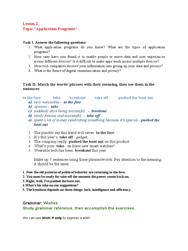 Lesson 2 Topic:"Application Programs": Task I. Answer The Following ...