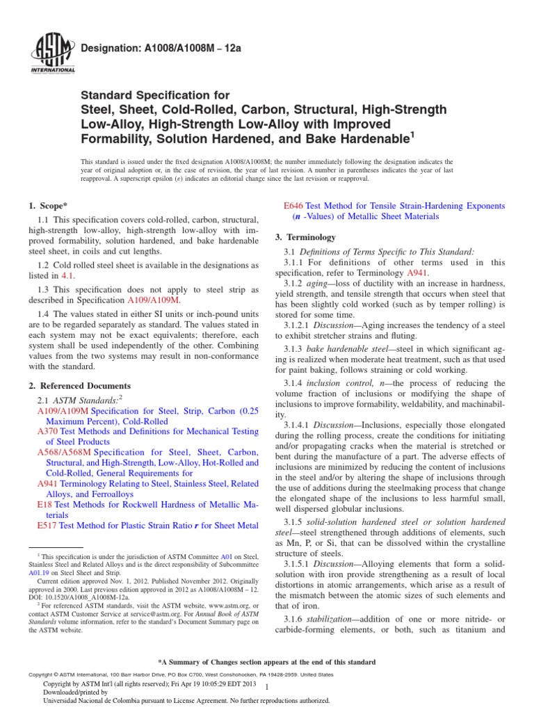 Astm A1008 12a | PDF | Strength Of Materials | Steel