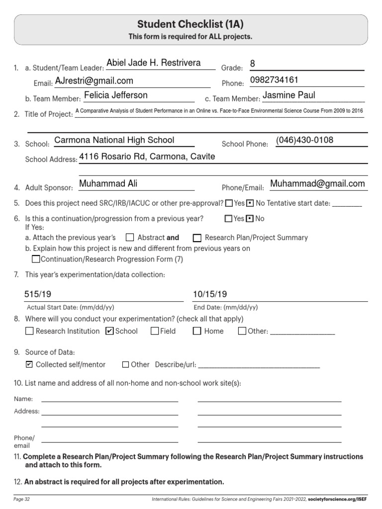 Student Checklist (1A) : Abiel Jade H. Restrivera 8 Felicia Jefferson ...