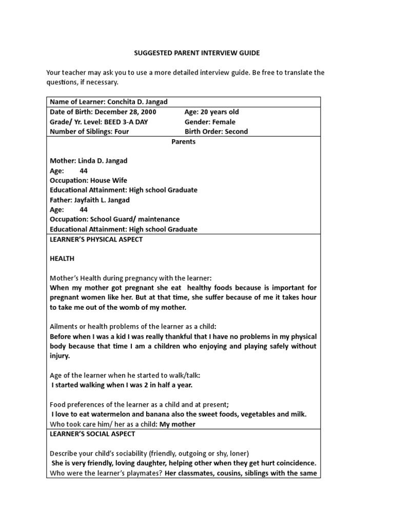 Parent Interview Guide for Learner Insights | PDF | Feeling | Cognition