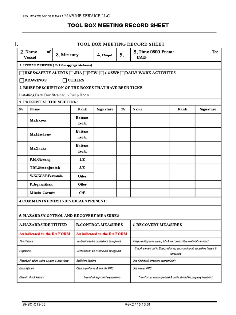 Tool Box Meeting Record Sheet | Descargar gratis PDF | Hazards ...