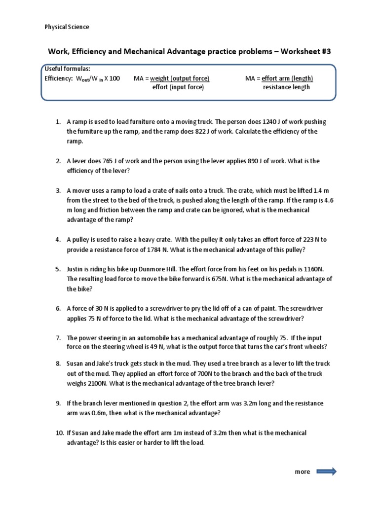 Work, Efficiency and Mechanical Advantage Practice Problems - Worksheet ...
