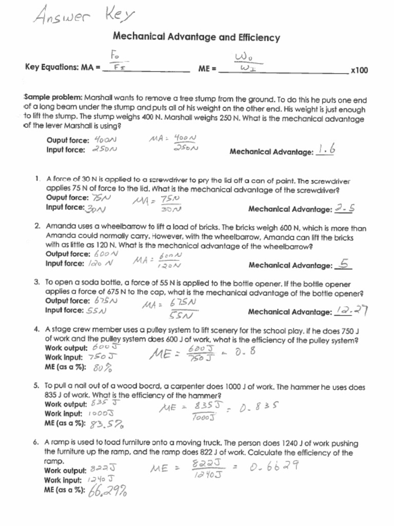 Mechanical Advantage and Efficiency Practice-Answer Key | PDF