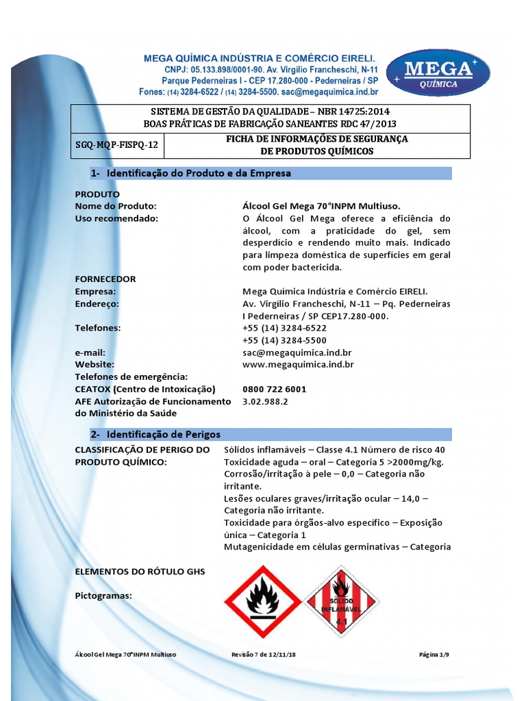 FISPQ Mega Álcool em Gel Multiuso AtualizadaGHSitem14 | PDF | Desperdício | Embalagem e rotulagem