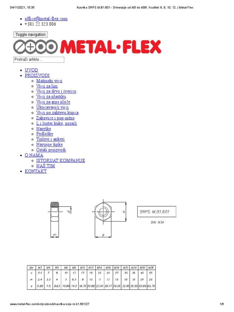 Navrtka SRPS M.B1.601 - Dimenzije Od M3 Do M36. Kvalitet - 6, 8, 10, 12 ...