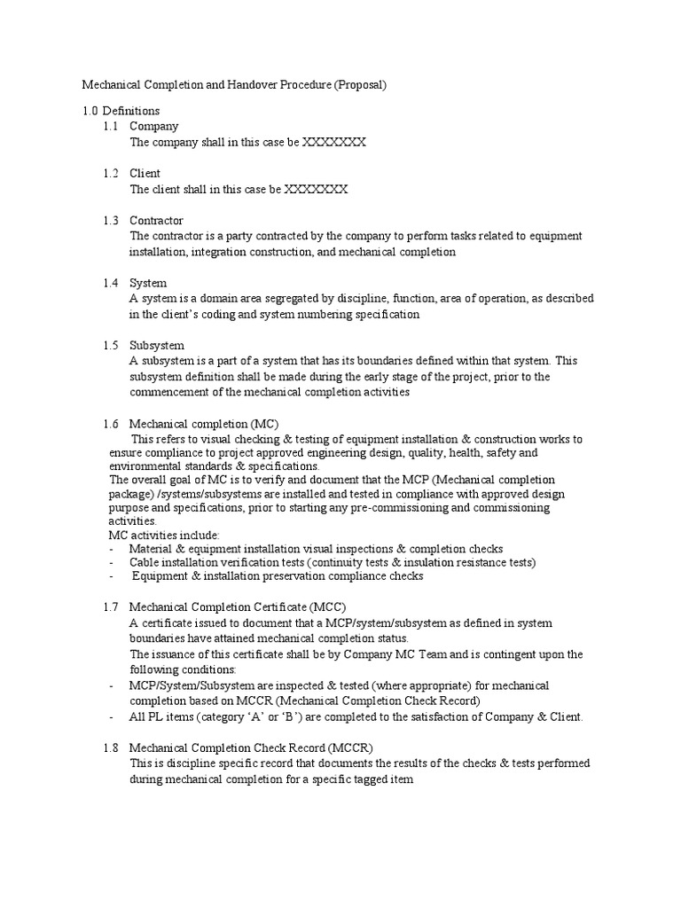 Mechanical Completion and Handover Procedure | PDF | System ...