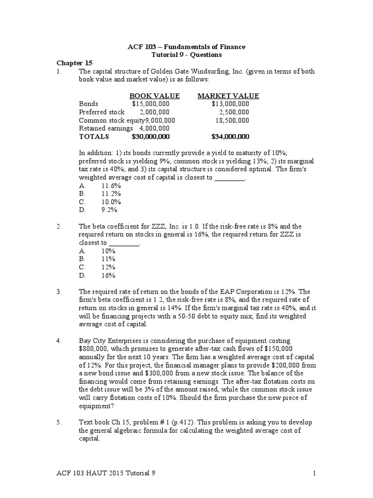 ACF 103 - Fundamentals of Finance Tutorial 9 - Questions | PDF | Cost ...