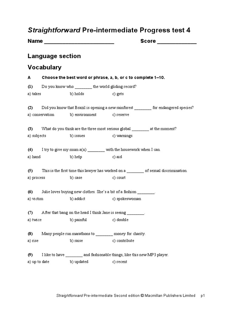 Straightforward Pre-Intermediate Progress Test 4: Language Section ...