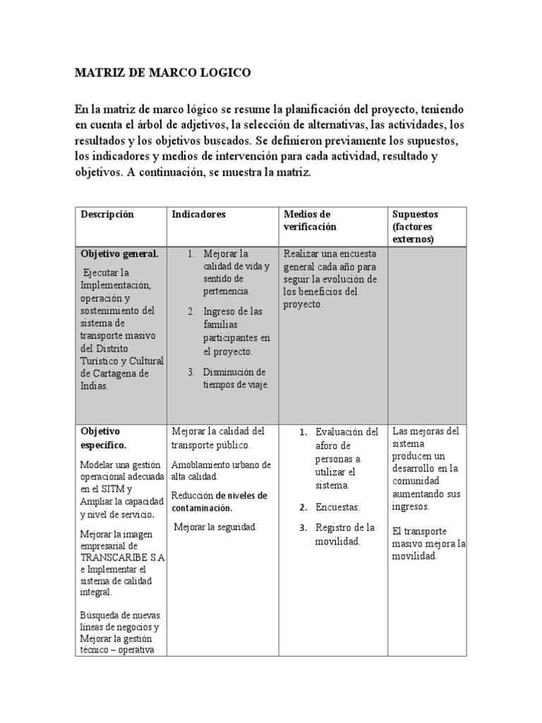 Matriz de Marco Logico | PDF | Transporte | Economias