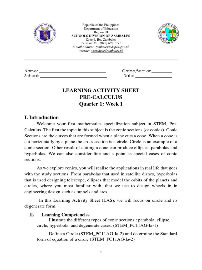 G11 Pre Cal W1 LAS | PDF | Ellipse | Circle