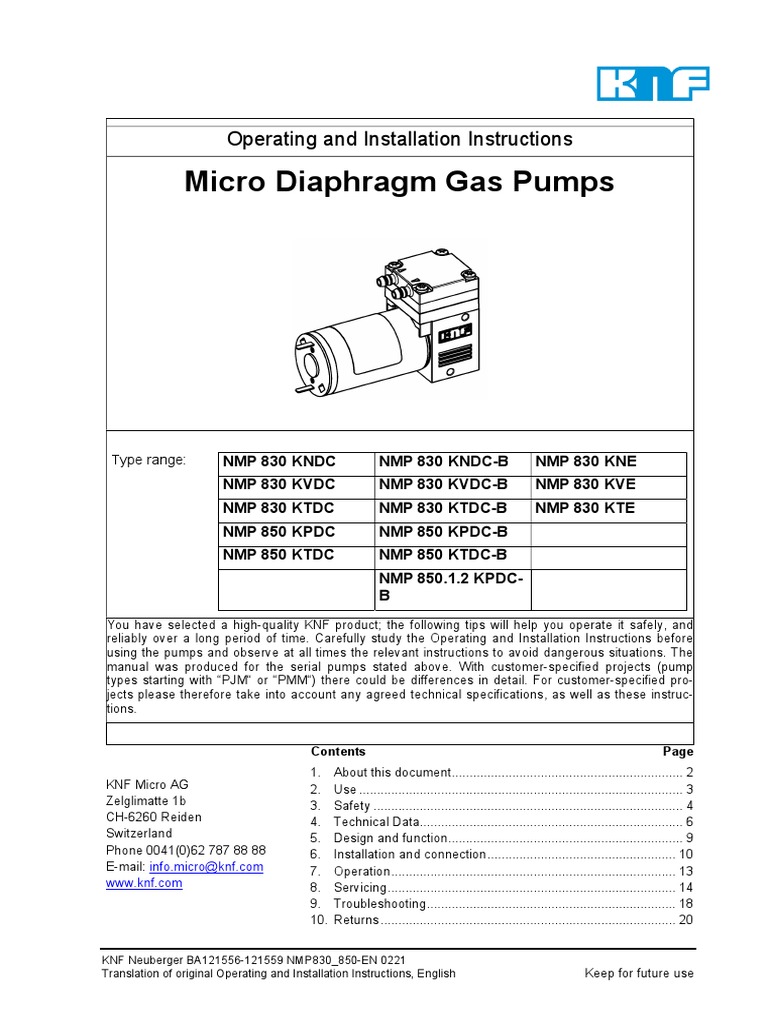 Micro Diaphragm Gas Pumps: Operating and Installation Instructions ...