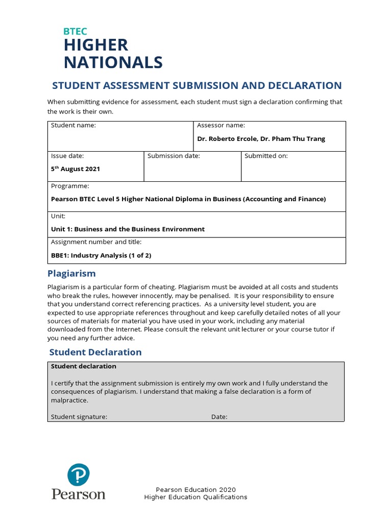 Student - Assessment - Submission - and - Declaration - Unit 1. BBE Assignment 1 of 2 1 1 | PDF ...