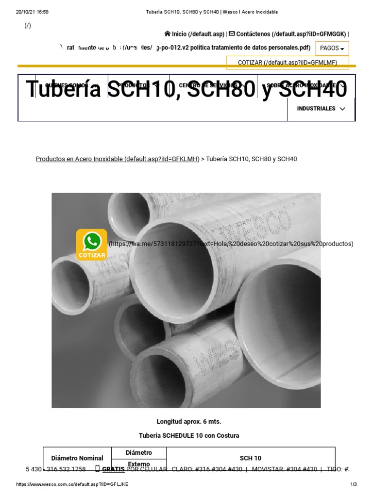 Ficha Técnica Tuberías SCH10, SCH40, SCH80 | PDF | Materiales ...