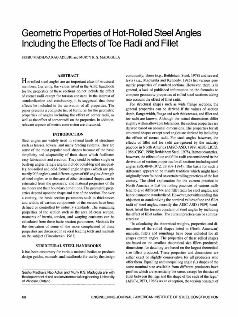 Geometric Properties of Hot-Rolled Steel Angles Including The Effects ...