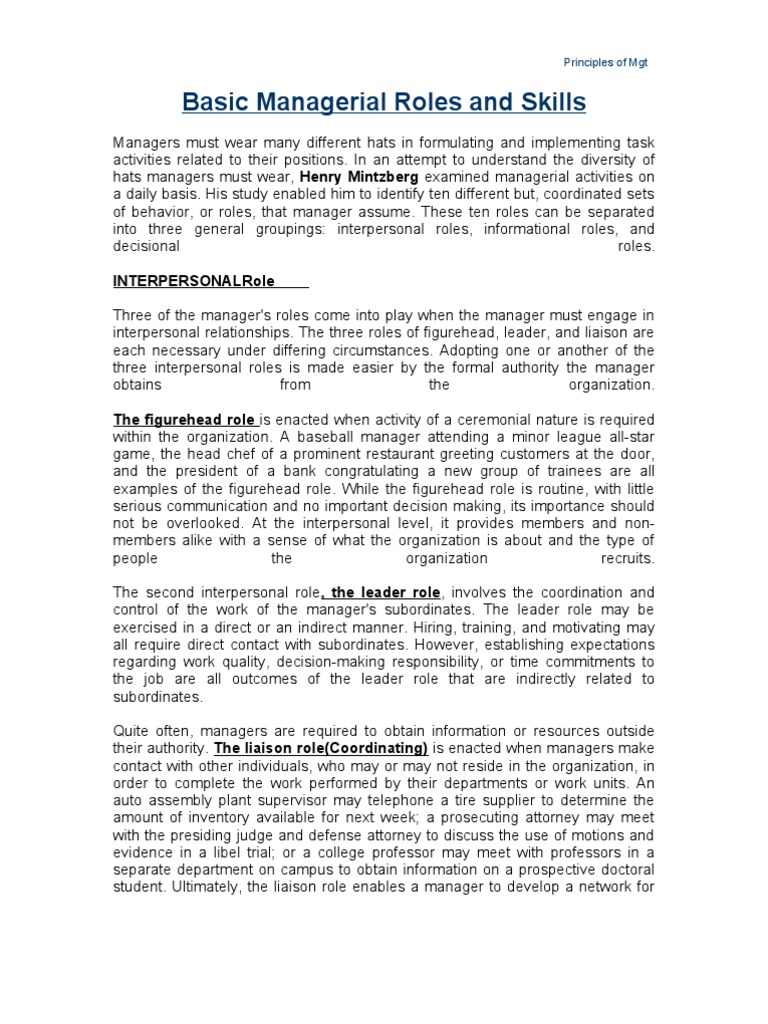 Basic Managerial Roles and Skills: Interpersonalrole | PDF | Strategic Management | System