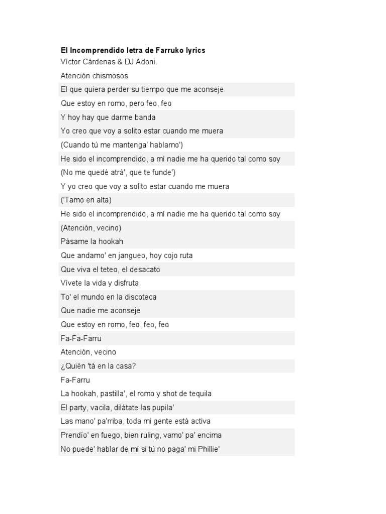 El Incomprendido Letra de Farruko Lyrics | PDF