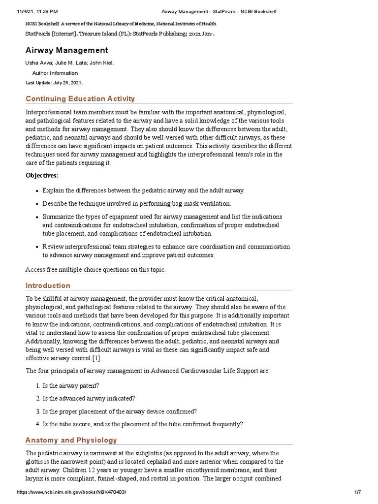 Airway Management - StatPearls - NCBI Bookshelf | PDF | Intensive Care ...