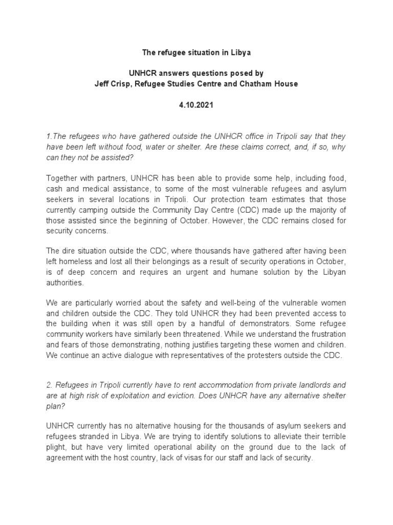 The Refugee Situation in Libya UNHCR Answers Questions Posed by Jeff ...