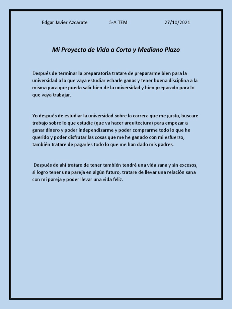 Ejemplos De Plan De Vida A Corto Mediano Y Largo Plazo Lect105 | PDF