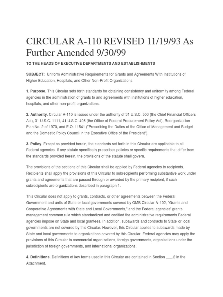 CIRCULAR A-110 REVISED 11/19/93 As Further Amended 9/30/99 | PDF ...