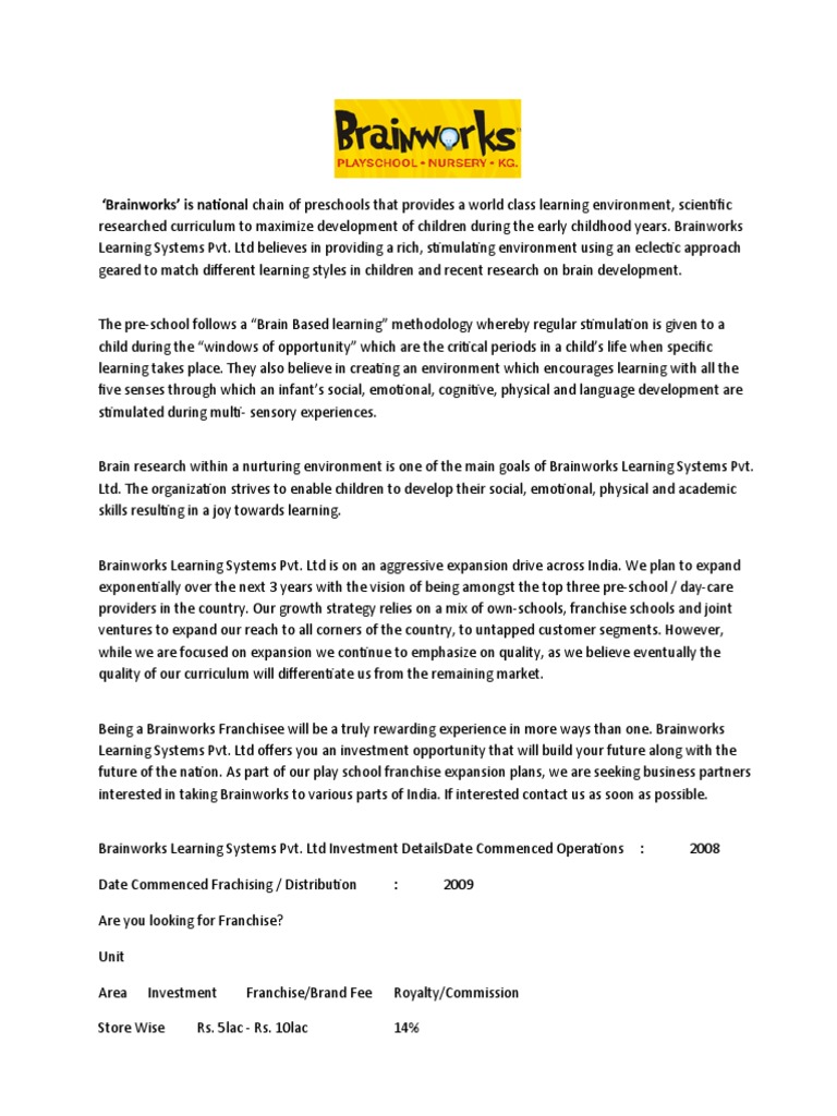 Brainworks Preschool Franchise Opportunity | PDF | Franchising | Preschool