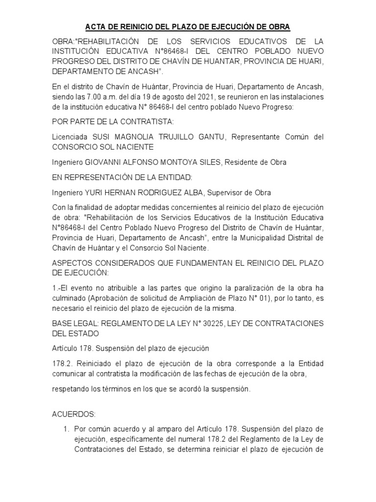 ACTA DE REINICIO DE OBRA NUEVO PROGRESO 19 de Agosto | PDF | Gobierno