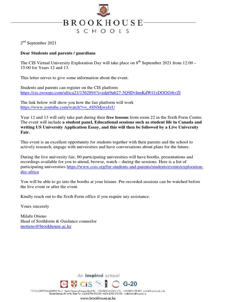 CIS Fair Letter To Parents | PDF