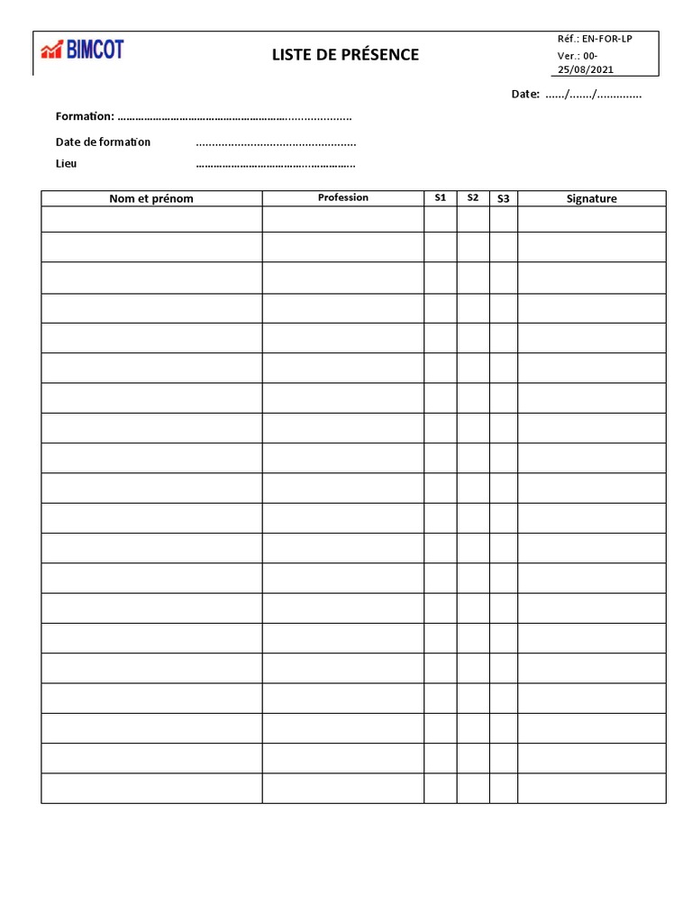 Modèle de liste de présence formation | PDF