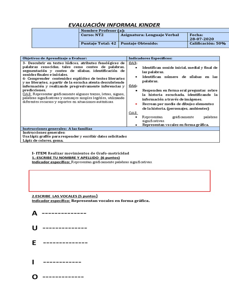 Evaluación Informal Kinder NT2 | PDF | Cognición | Comunicación