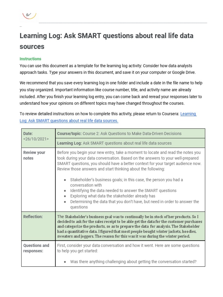 Learning Log: Ask SMART Questions About Real Life Data Sources | PDF | Quantitative Research | Data