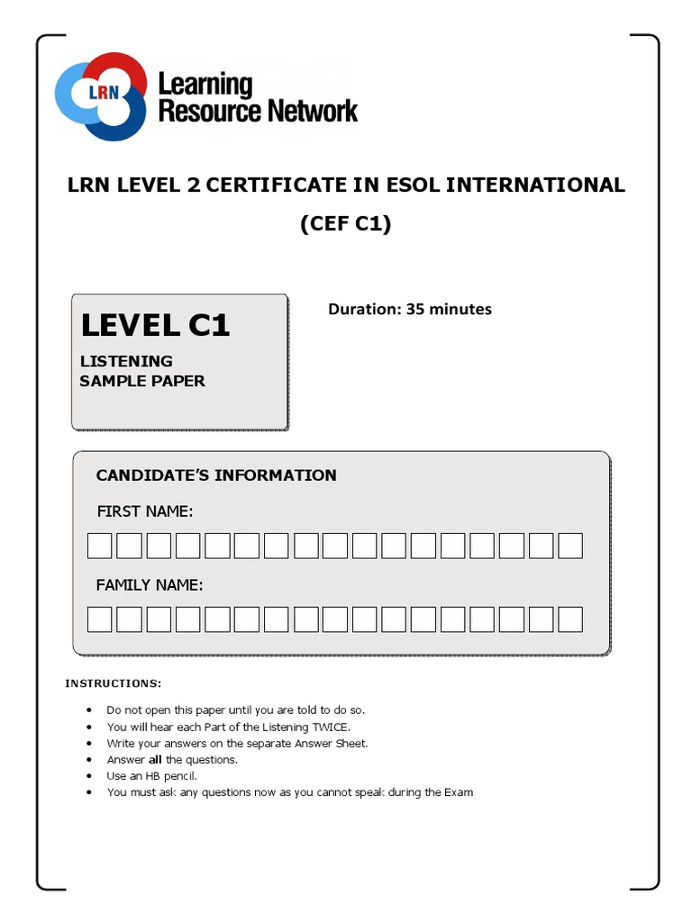 LRN Level 2 Certificate in Esol International Cef c1 Sample Paper | PDF