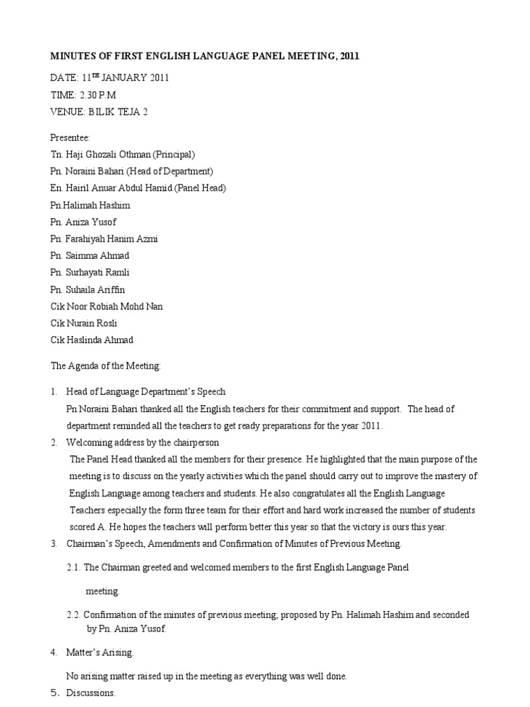 Minutes of First English Language Panel Meeting 2011 | PDF | Teachers ...