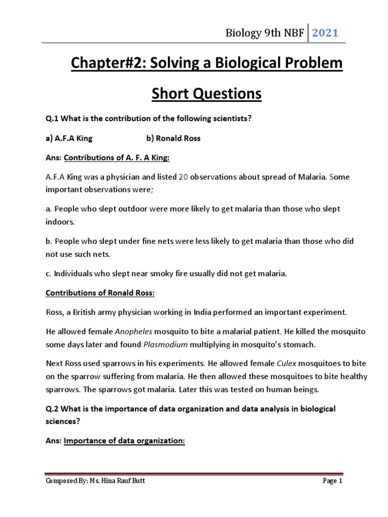 Chapter#2: Solving A Biological Problem Short Questions: Biology 9th ...