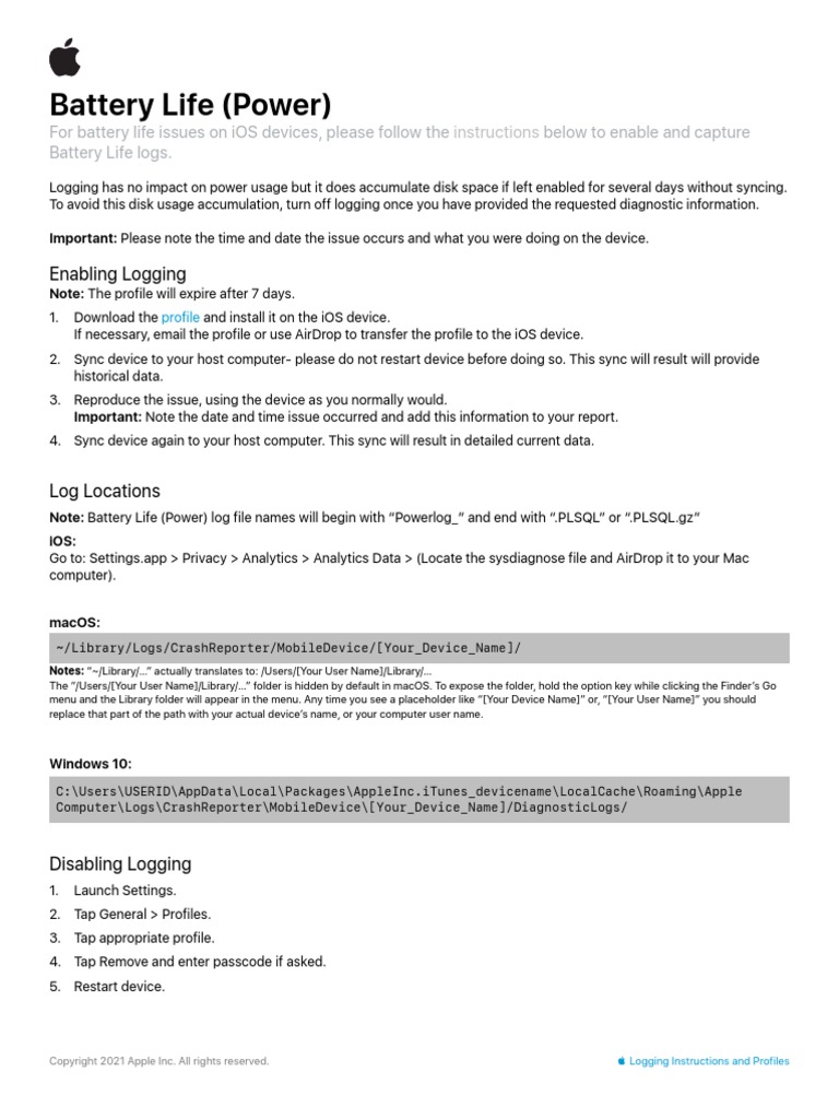 Battery Life (Power) : Enabling Logging | PDF
