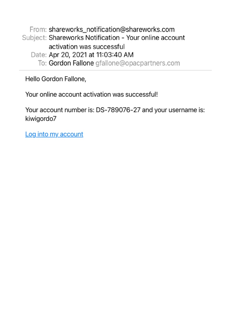 Shareworks Notification - Your Online Account Activation Was Successful ...